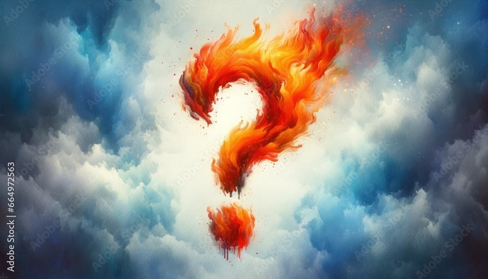 Watercolor painting of a fiery question mark crafted with vibrant ...
