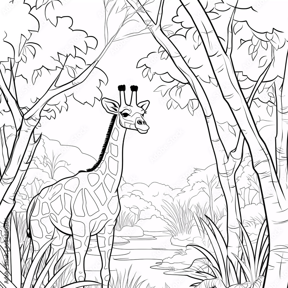 Coloring page of a baby giraffe in the jungle. Educational printable ...