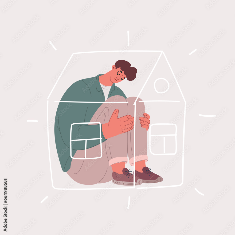 Vector illustration of man is isolation in inside house, home. Sad ...