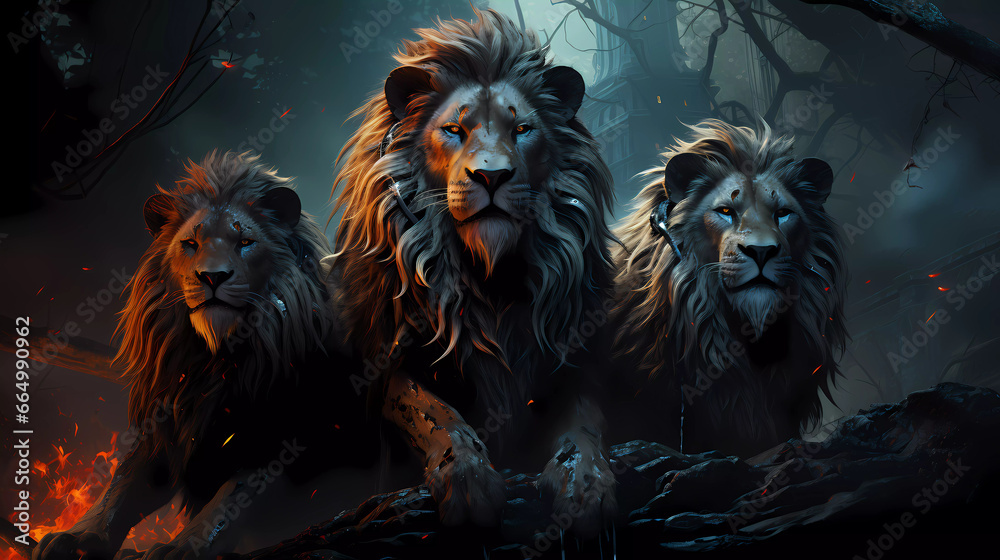 A group of lions sitting on a rock under a full moon with trees in the ...