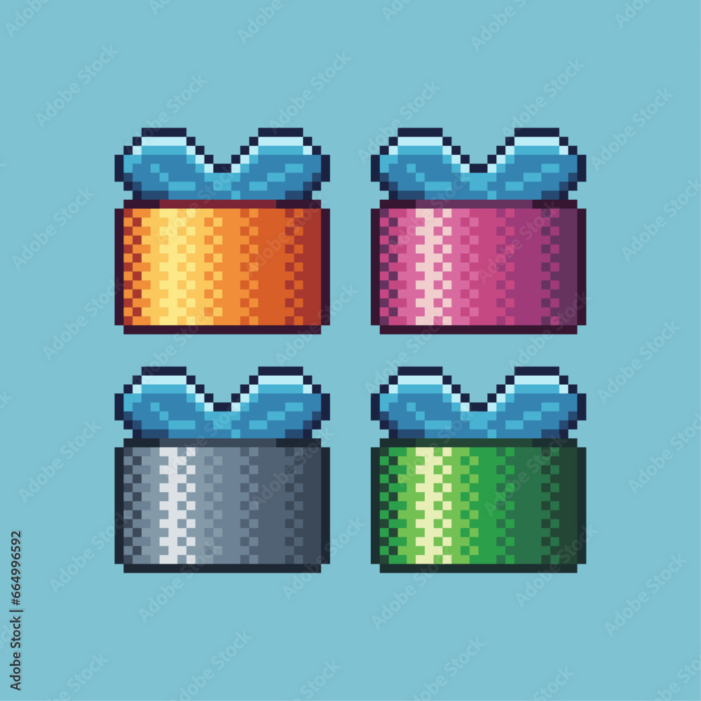 Pixel art sets of gold gift box with variation color item asset. Simple bits of golden gift box ...