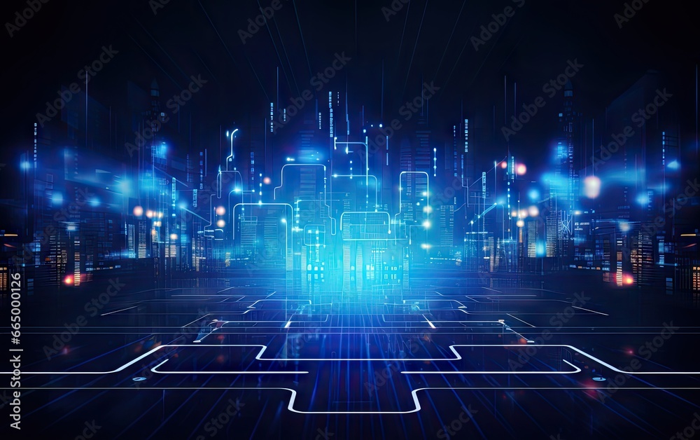 Abstract technology background with circuit board and city lights. 3D ...