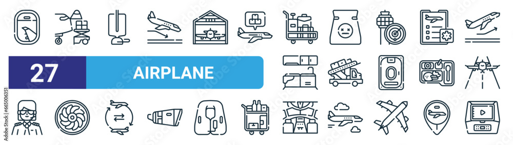 set of 27 outline web airplane icons such as window, cargo, oxygen mask ...