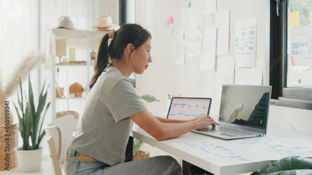 Young Asia Girl It Development Programmer Typing On Keyboard Coding Programming Fixing Data Code