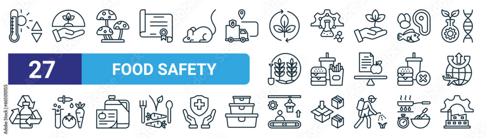 set of 27 outline web food safety icons such as temperature, natural ...