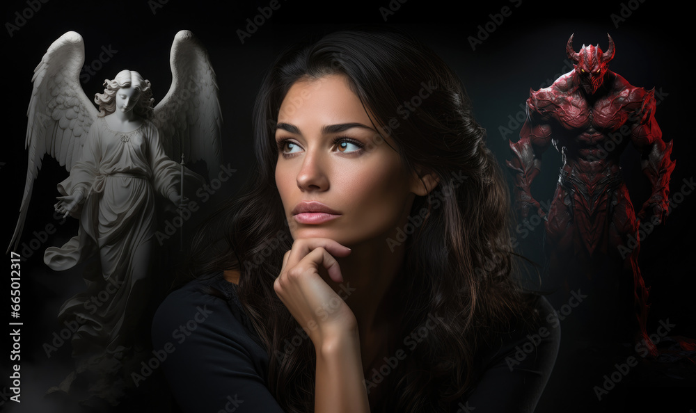 Inner Conflict. Woman Facing Good and Evil. Moral Dilemma. Temptation ...