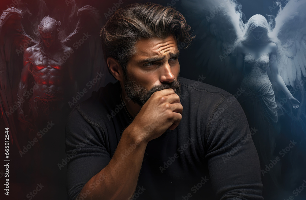 Handsome man. good vs. evil concept art. demon and angel. devil and ...
