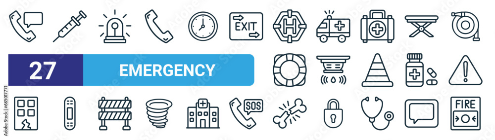 set of 27 outline web emergency icons such as emergency, syringe, siren ...