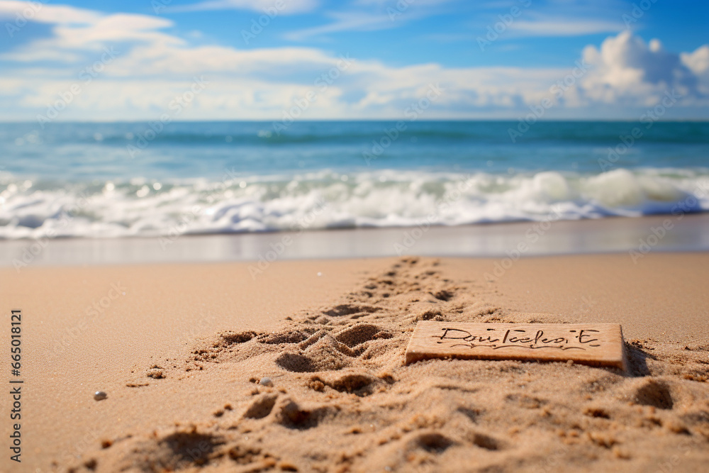 sign in the sand on a beach with waves gently lapping, creating a ...