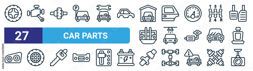 set of 27 outline web car parts icons such as tire, car engine ...