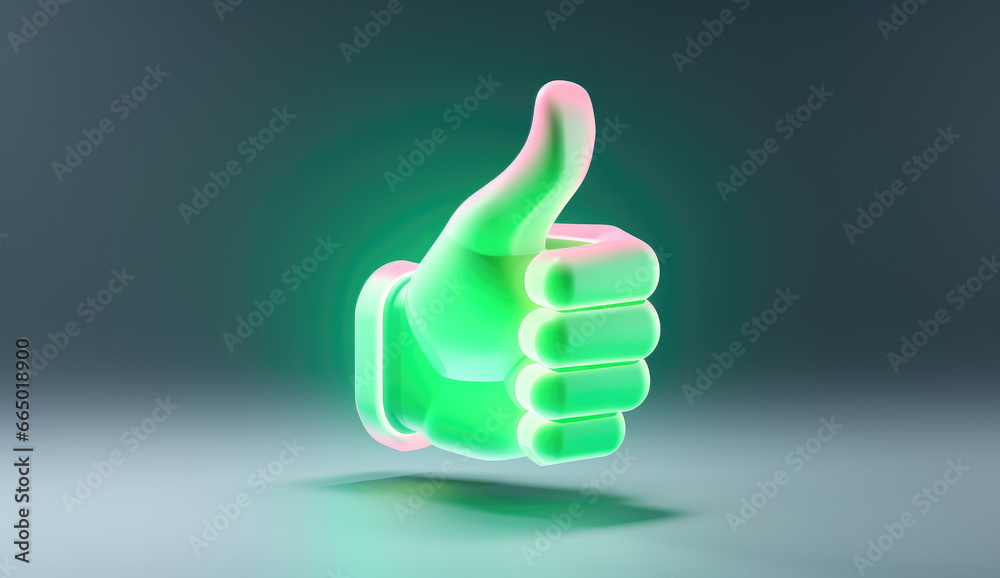 Pouce levé lumineux , symbolisant le like des réseaux sociaux. Isolé ...
