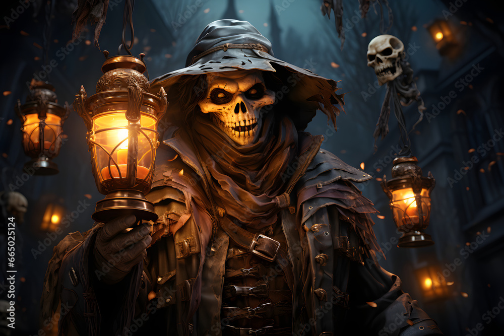 A spooky skeleton wearing witch hat holding a burning lamp in hand in a ...