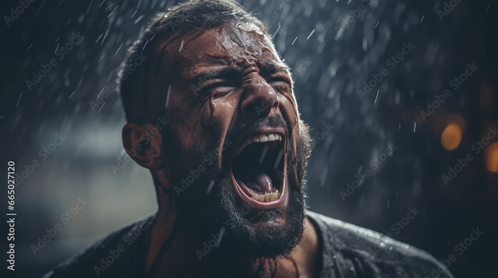 Desperate man screaming out loud putting his fist hands to his chest ...