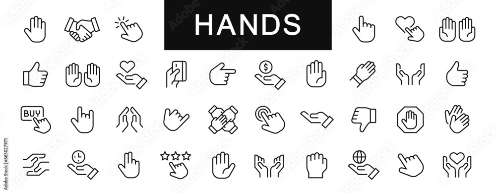 Vetor de Hand thin line icons. hand icon. Hands symbols set. Handshake ...