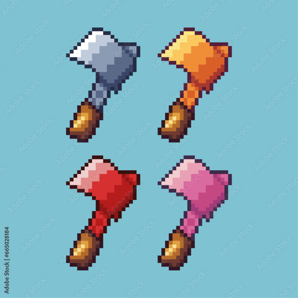 Pixel art sets of axe lumberjack tool with variation color item asset. Simple bits of axe ...
