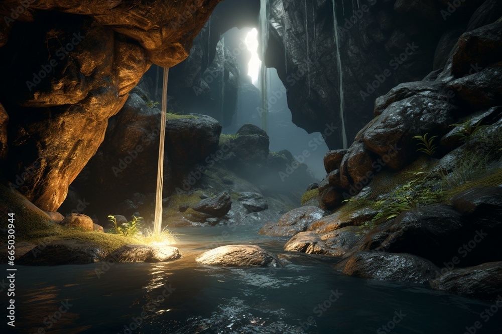 Explore a stunning waterfall flowing into a secret cave with Unreal ...