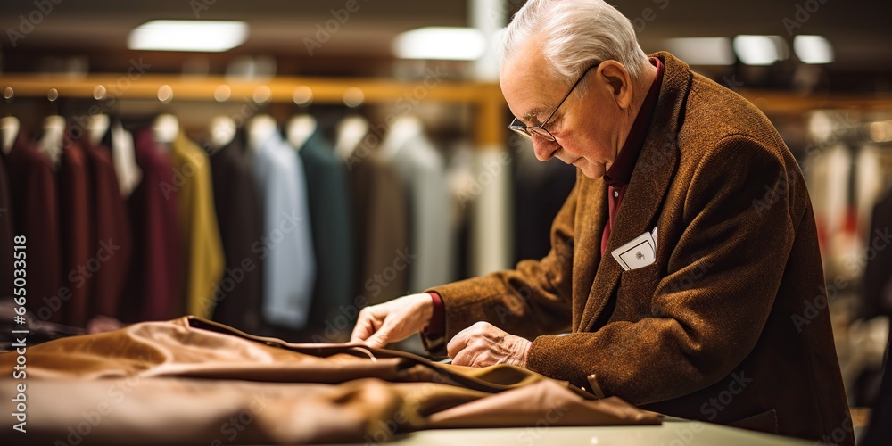 Elderly gentleman carefully inspecting the stitching and fabric of a ...