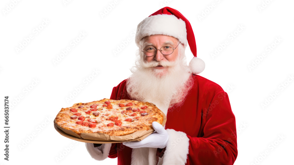Santa Claus holding a pizza on Christmas isolated on transparent ...
