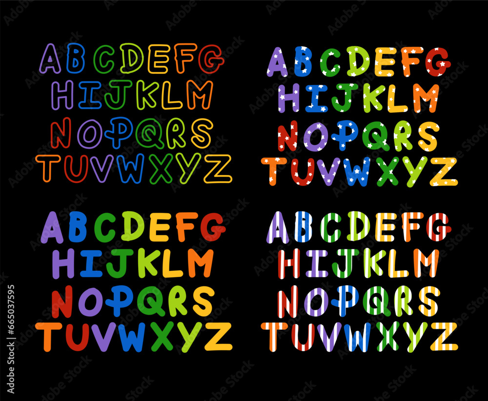 Four styles of rainbow font, typography, alphabets, letter, text ...