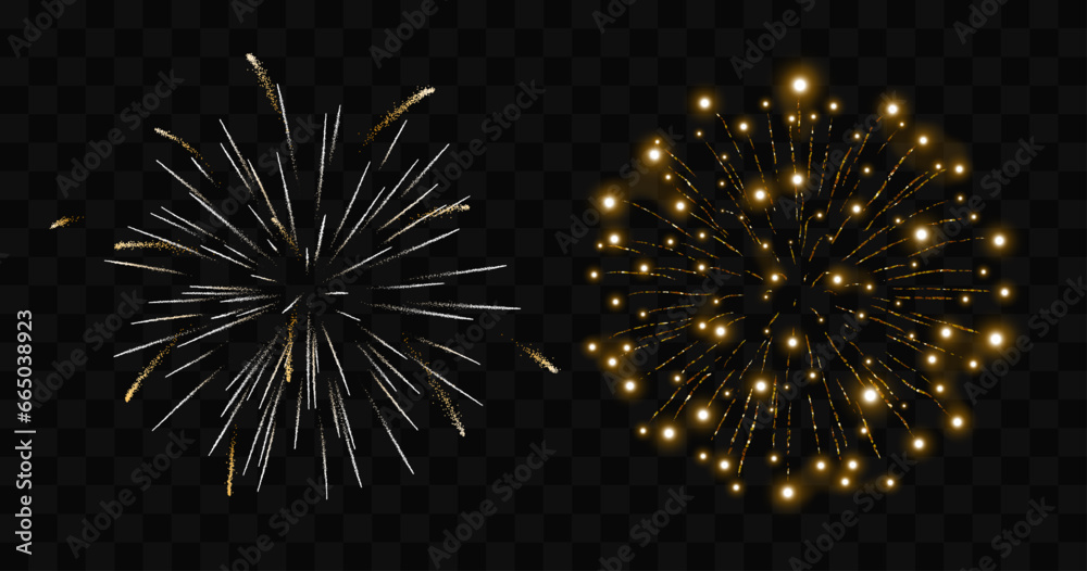 Fireworks explosion vector set. Gold fireworks on transparent ...