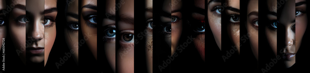 An ultra-wide collage showcasing the enigmatic beauty of partial human ...