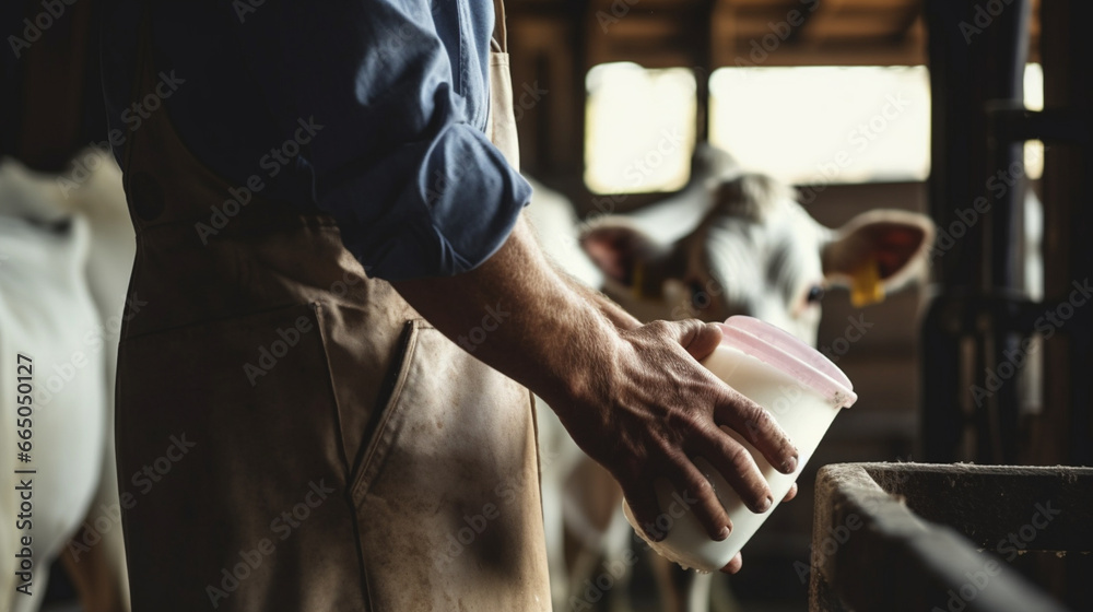 A farmer's hands expertly milking a cow in a rustic barn, highlighting ...