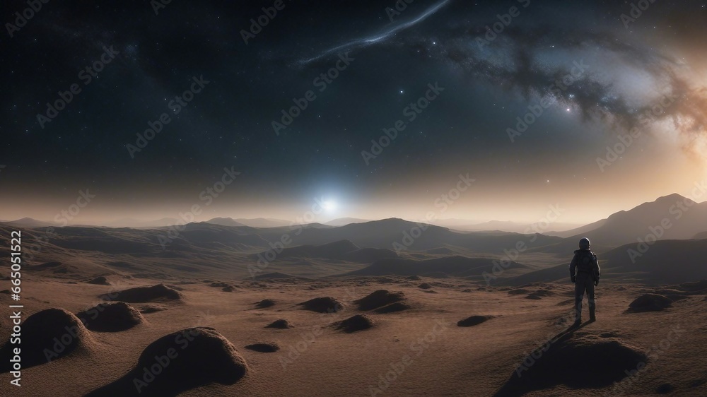 sunrise in the desert of an alien world, A space scene with a starfield ...