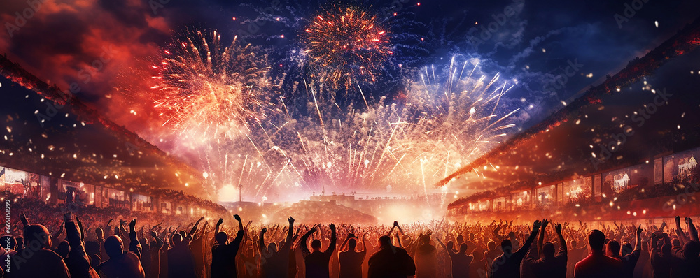 New Year concept cheering crowd and fireworks , crowd of people came to ...