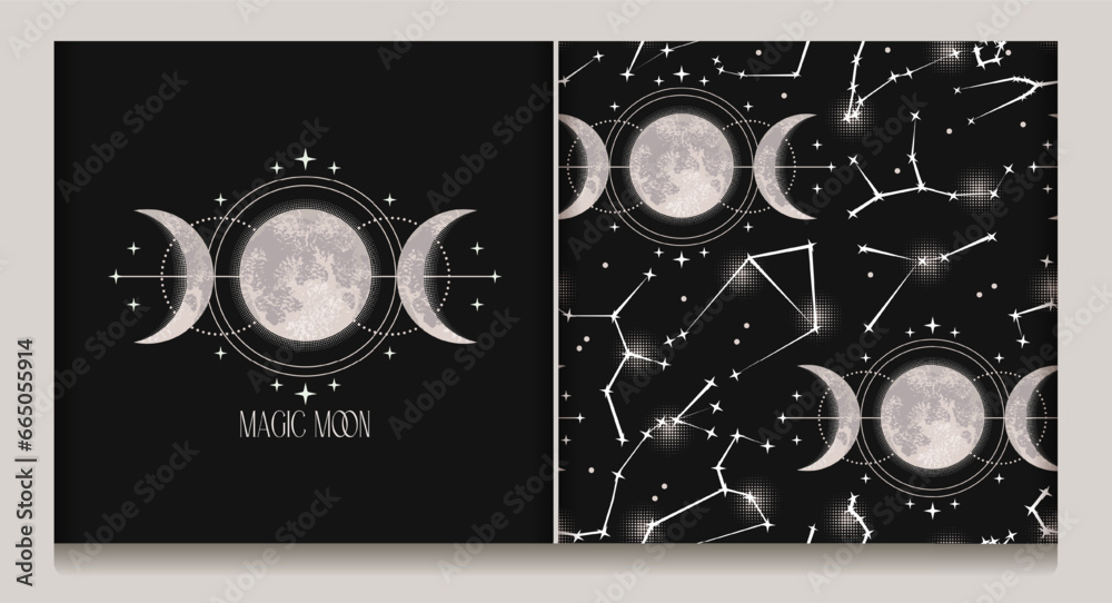Label, seamless pattern with moon, crescent, stars, triple moon sign ...