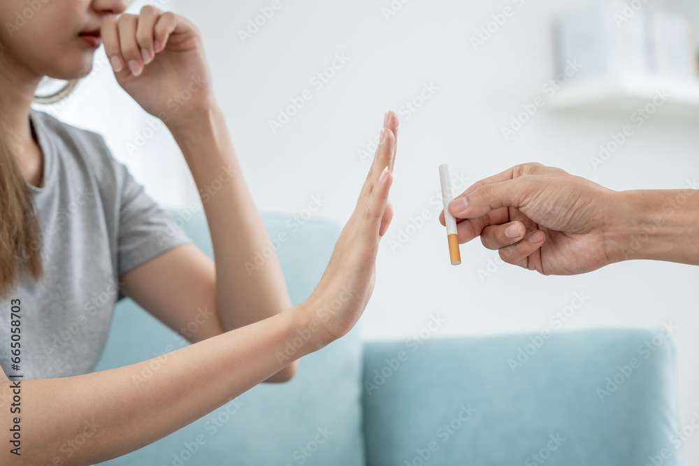 No smoking. Woman stop smoke, refuse, reject, break take cigarette, say ...