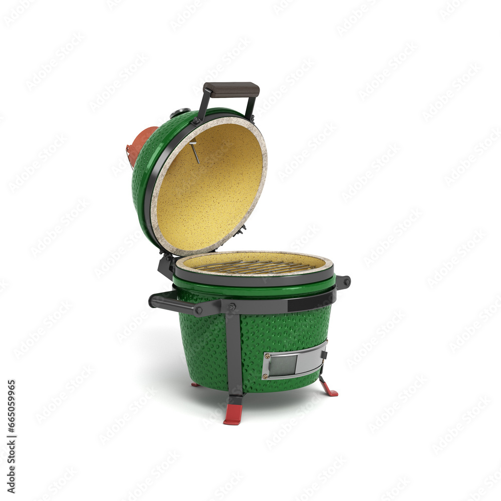 Small barbecue green color BBQ grill with open lid for outdoor prepare ...