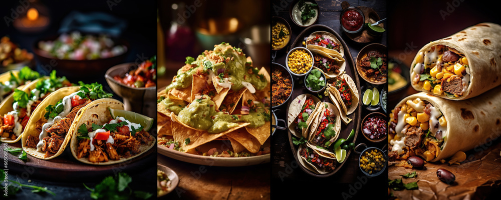 Mexican restaurant background or design. Collage de comida mexicana ...