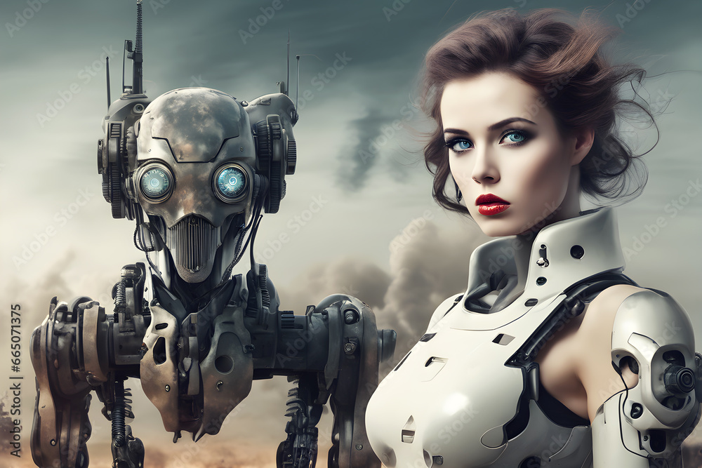 War Robot Cyborg woman, beautiful woman face, with gun, with nuclear ...