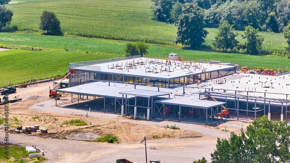 Construction workers building large building with metal support beams ...