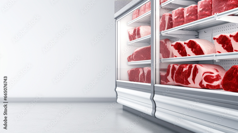 Front view of fresh raw red good quality of meat through glass of ...