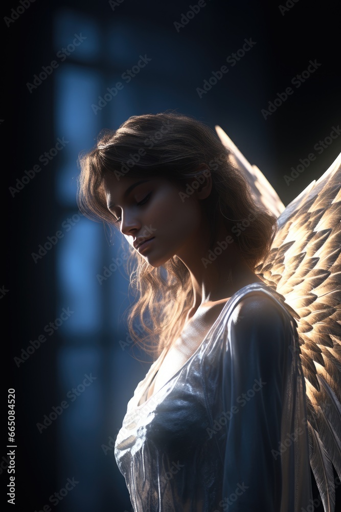 Glowing White Wings Long Brown And Blond Hair Delicate Features Isolated Black Background