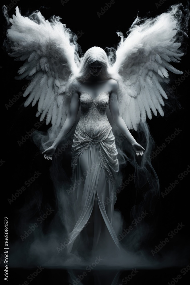 Isolated black background. White angel wings. Angel, archangel, angel ...