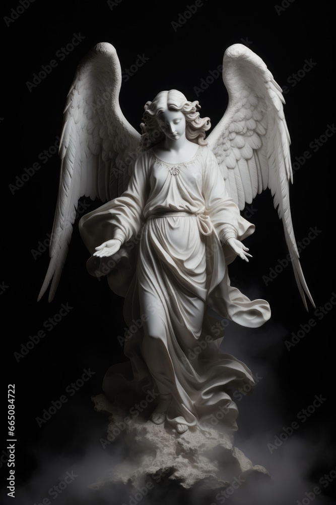 Religious angelical statue. offering hands. Isolated black background ...