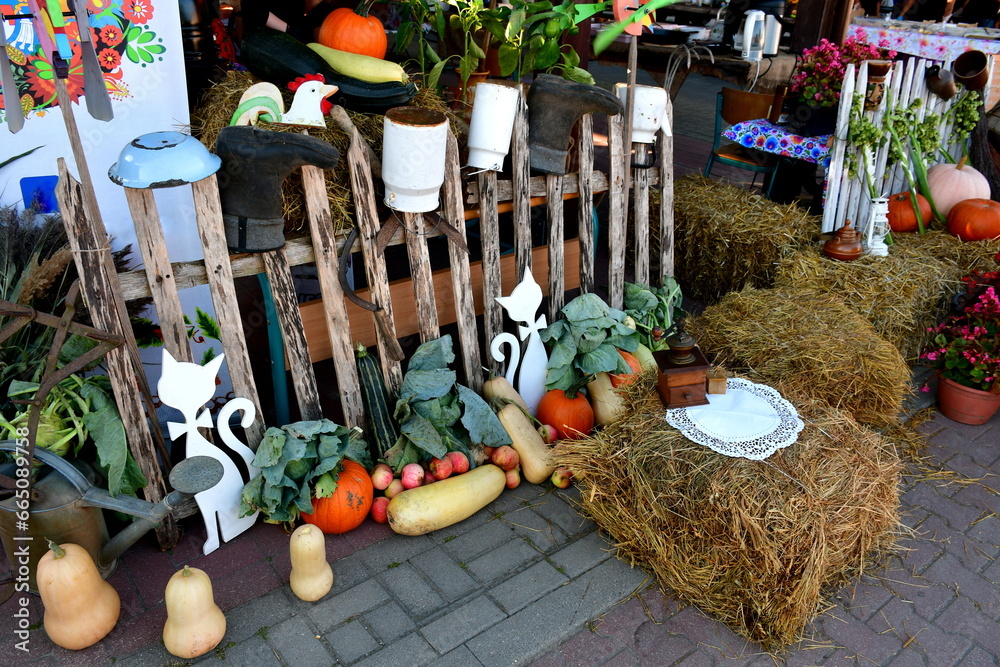 A close up on a set of decorations seen during a folk fair, including ...