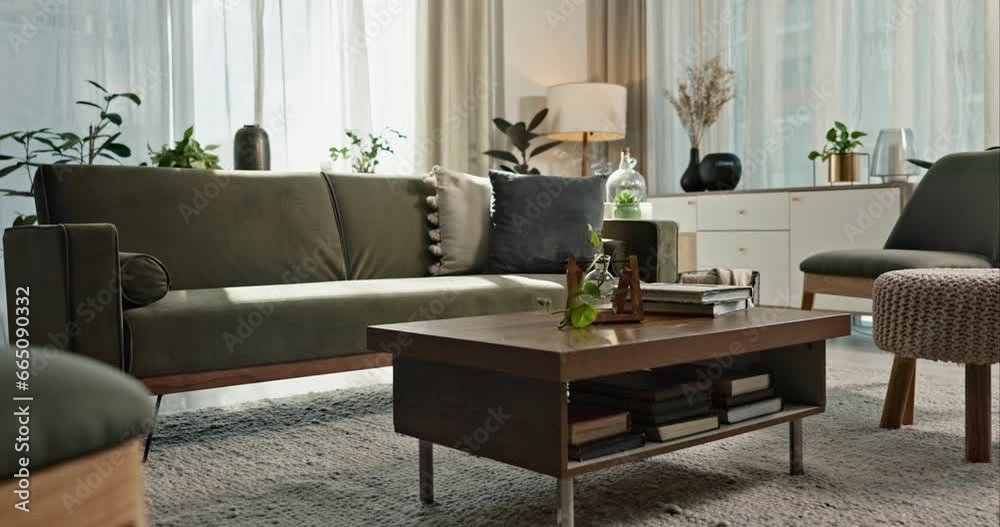 Home interior, furniture and background of living room with sofa, couch ...