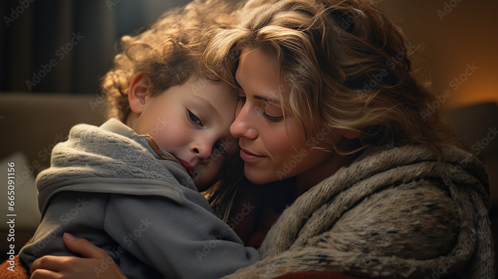Comforting Hug - A sad young boy embraces his mom at home, creating a ...