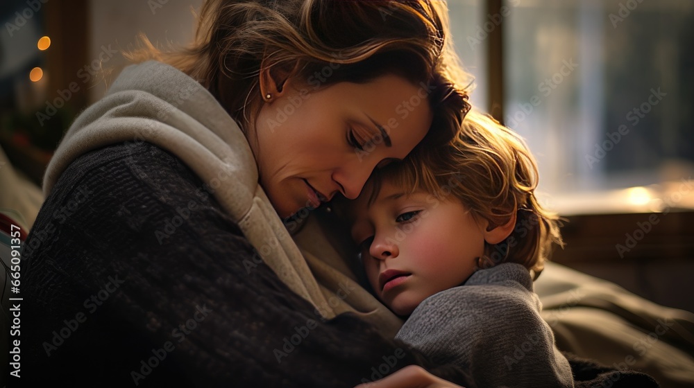 Comforting Hug - A sad young boy embraces his mom at home, creating a ...