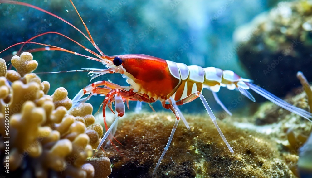 Red Bee Shrimp with transparent body and long legs, underwater macro ...