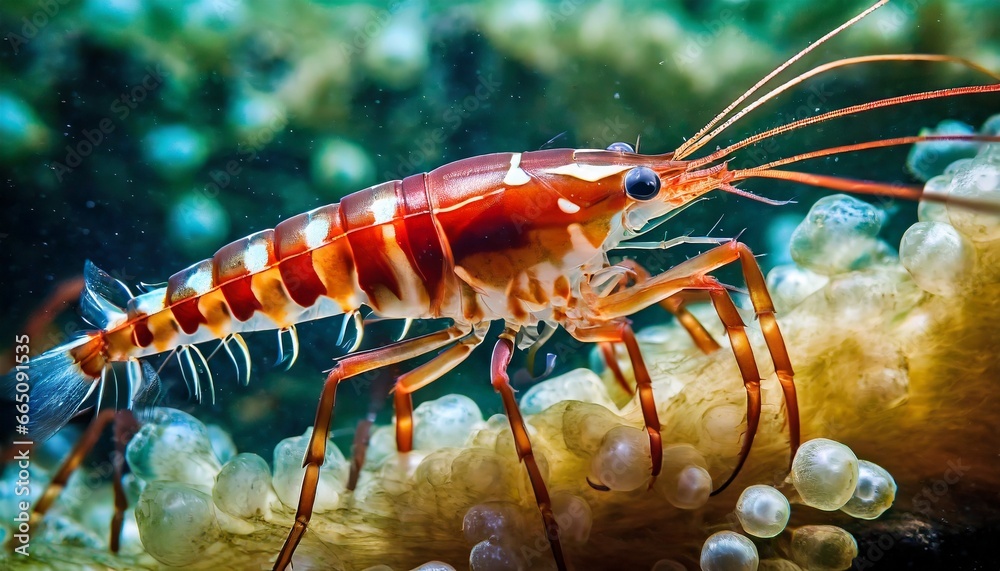 Red Bee Shrimp with transparent body and long legs, underwater macro ...