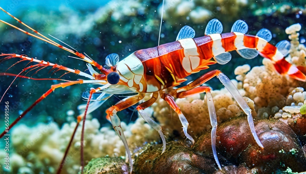 Red Bee Shrimp with transparent body and long legs, underwater macro ...