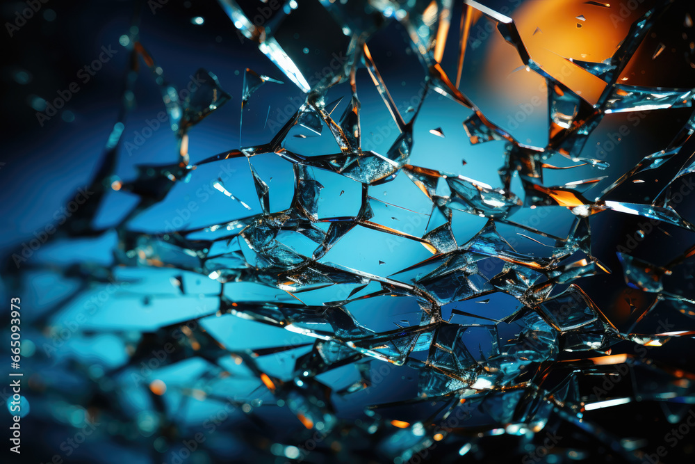 A shattered glass windowpane reflecting fragmented images of the world ...