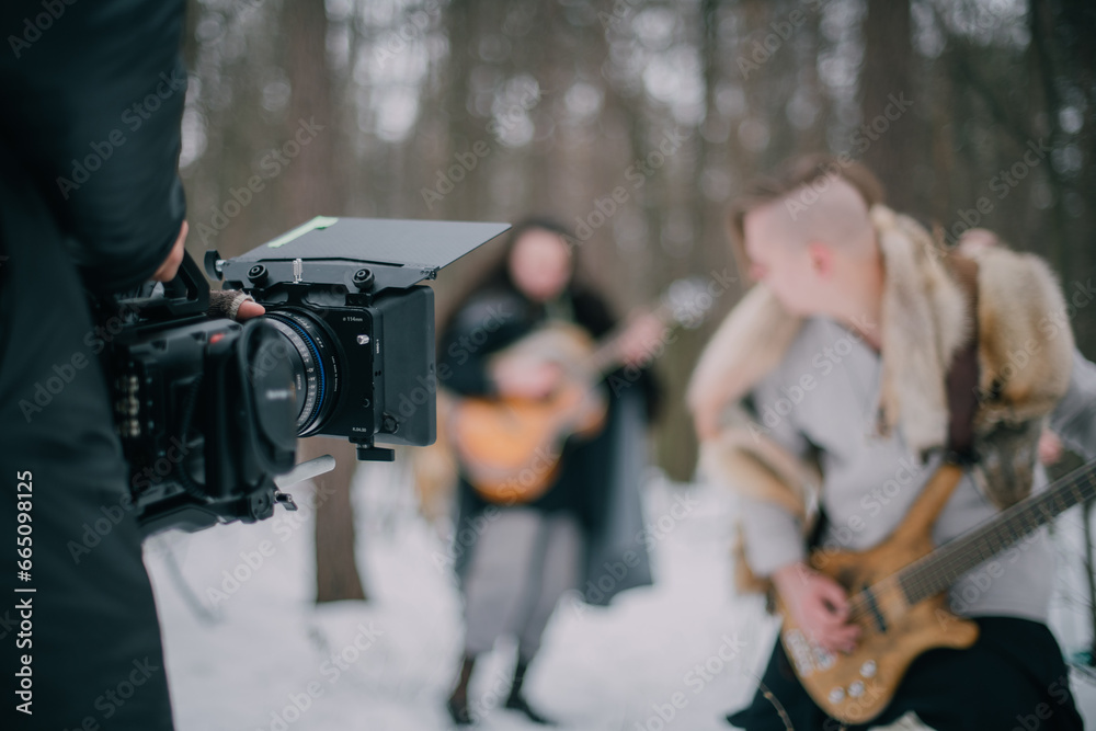 Professional cinema and video camera on the set. Shooting shift ...