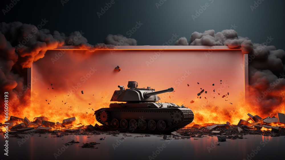 armored tank military on epic invasion war scene with fire and the ...