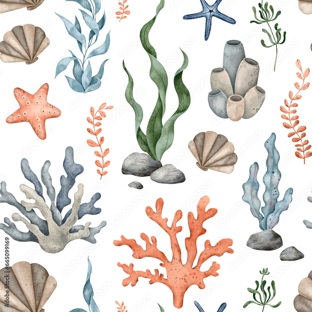 Seamless pattern of sea Pebbles, marine coral, starfish, seaweed algae ...