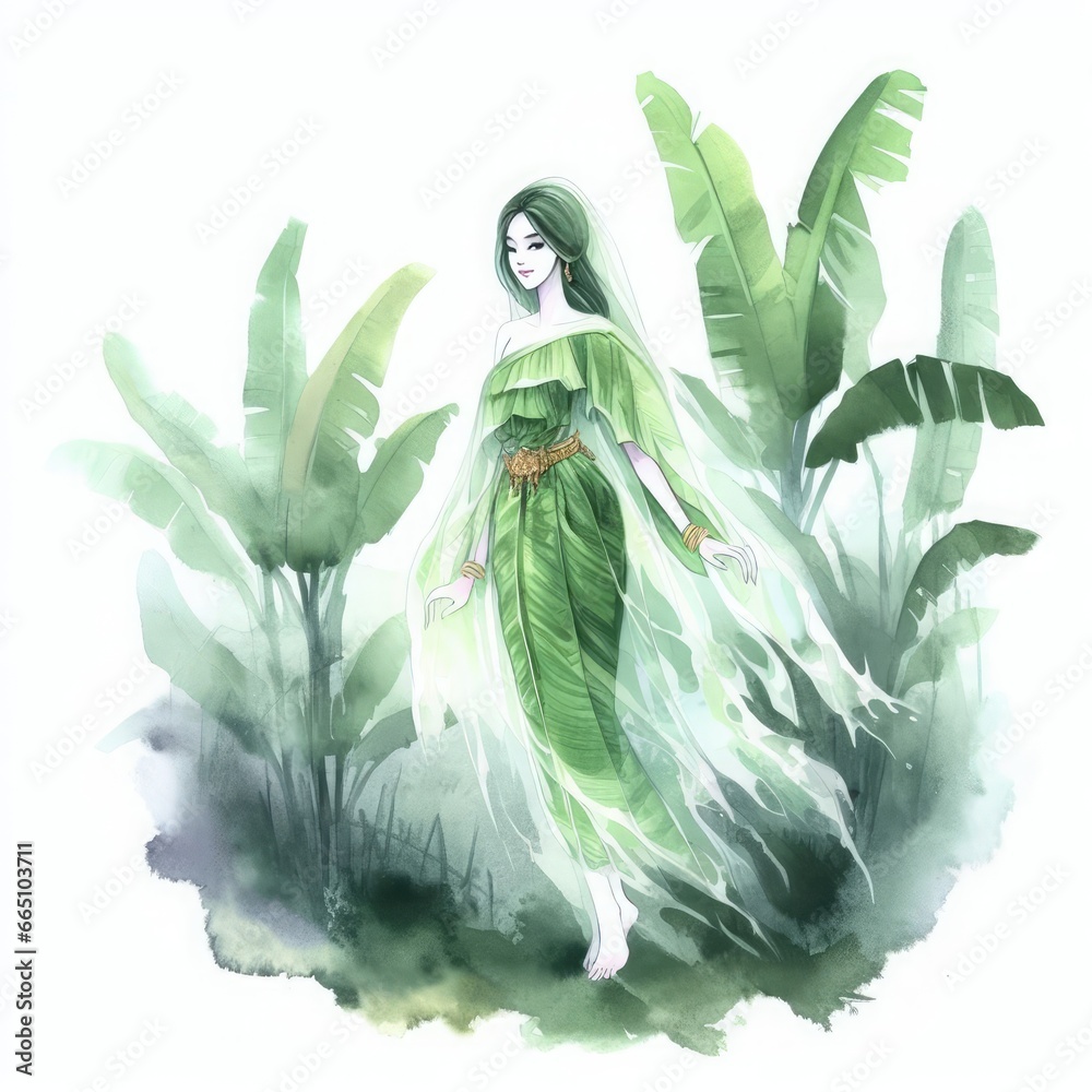Watercolor painting "Phi Tani" is the name of a beautiful Thai female ...
